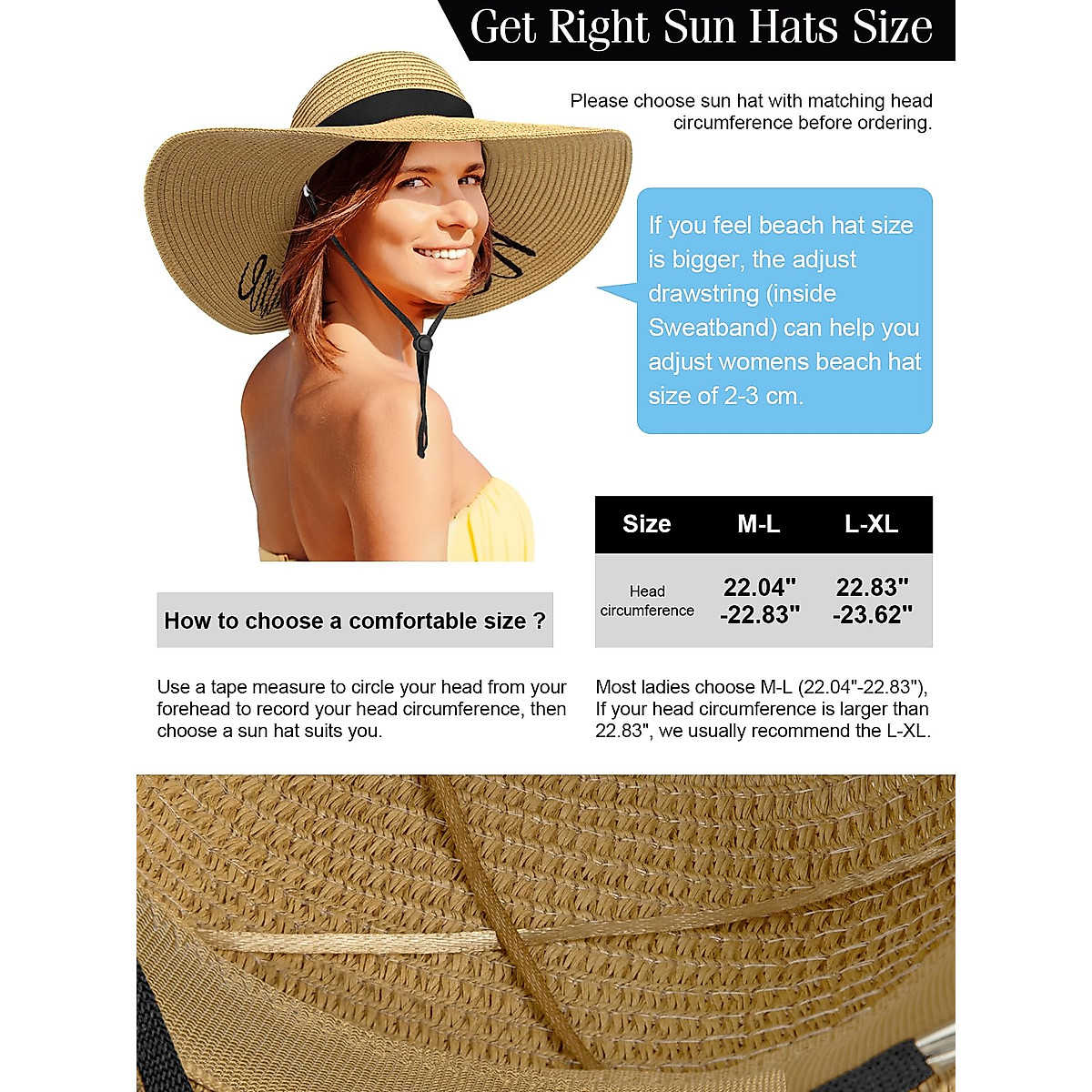Floppy Beach Hats for Women, Foldable Wide Brim Sun Hat Embroidered Roll up Straw Hat - Vocation, Honeymoon, Travel Khaki