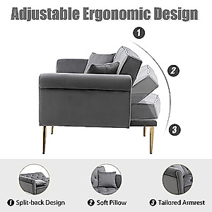 civama Futon Sofa Bed, Velvet 76" Twin Size Couch with 2 Pillows, Convertible 3-Seater 3 Adjustable Angle Tufted Sleeper with Nailhead Trim, Golden Metal Legs Folding Futon for Living Space, Gray