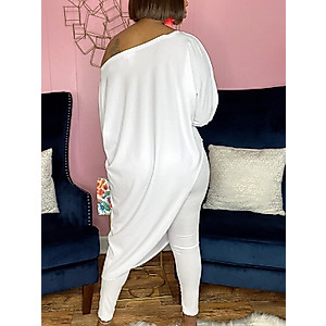 imbpceu Women's Fashion Two Piece Puff Sleeve Top Tights Sets Plus Size Solid Active Sweatsuit Set White 2XL