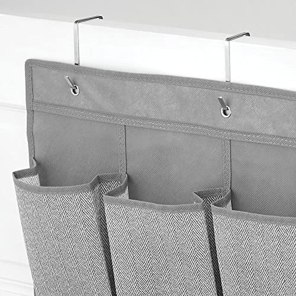 mDesign Soft Fabric Over the Door Hanging Storage Organizer with 16 Deep Pockets for Child/Kids Room, Nursery, Playroom - Metal Hooks Included - Herringbone Print - Gray