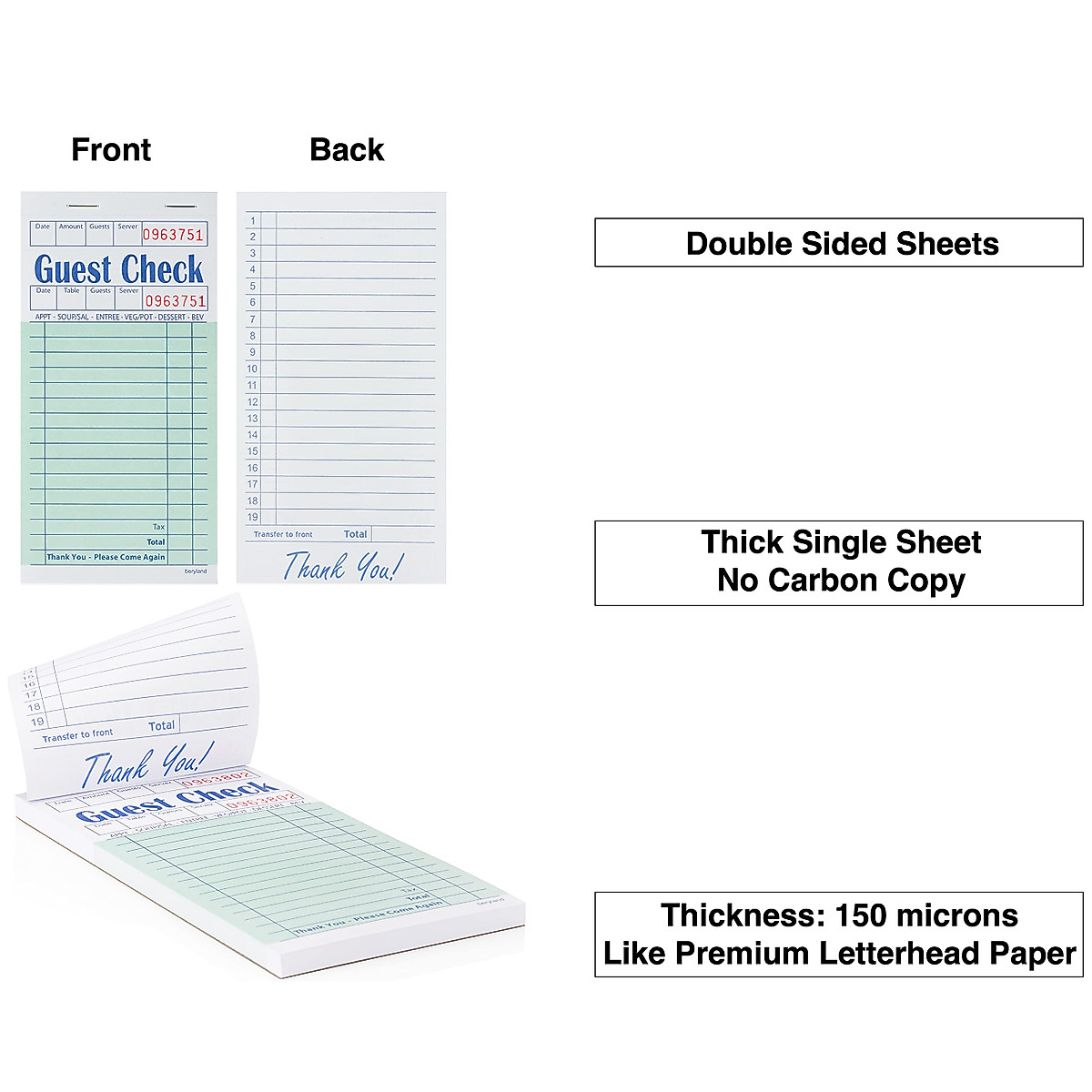 BERYLAND Server Note Pads - Guest Checks - Waitress Notepad, Double Sided, Pack of 10 Pads of 50 Sheets