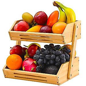 Fruit Basket, 2 Tier Bamboo Fruit Basket for Kitchen, 11" Tall Fruit Stand Storage Holder, Heavy Duty/Multipurpose/Large Capacity for Vegetables, Fruit, and Snack, 15 mm Thickness (Self-assembly)