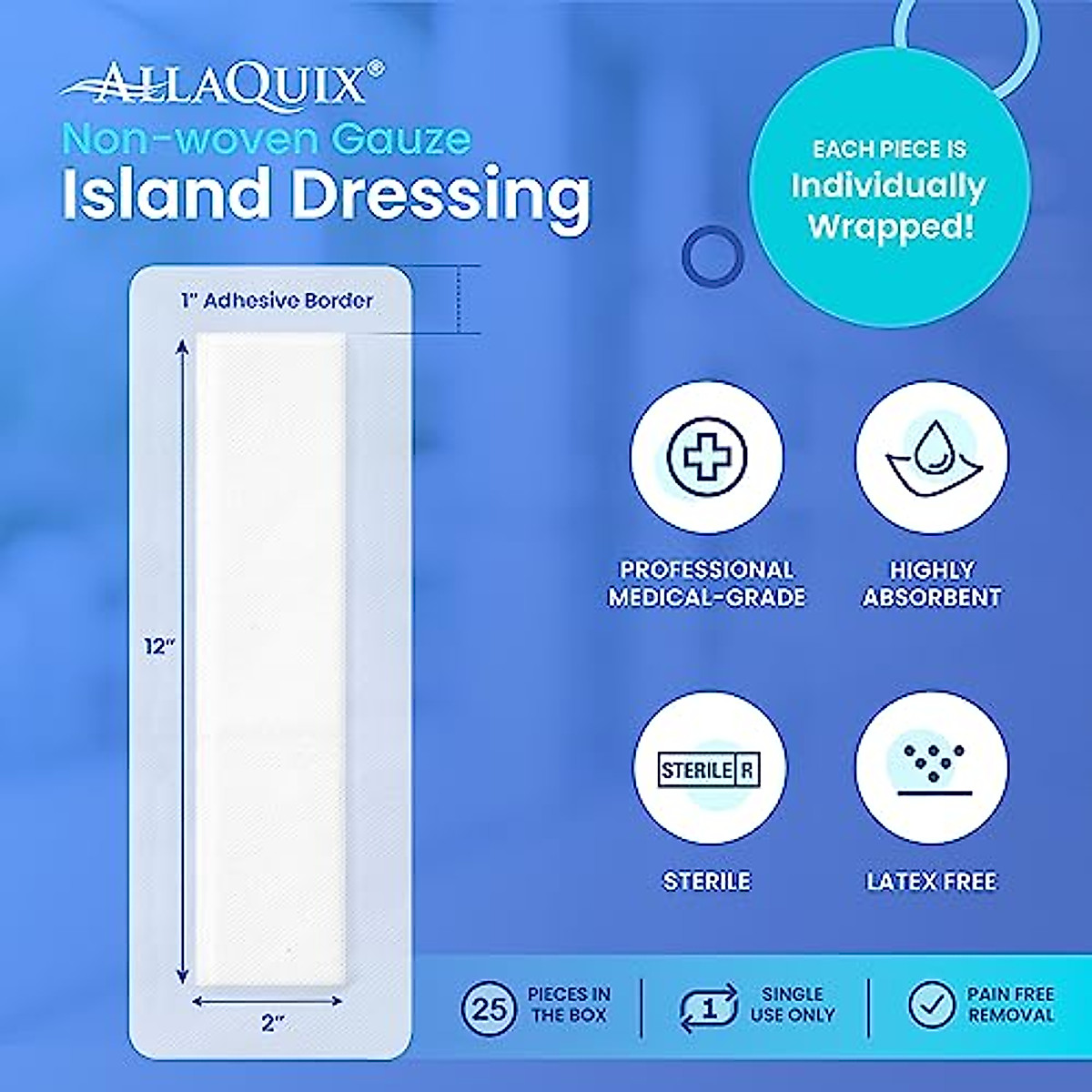 AllaQuix Basic Non-Woven Sterile Gauze Island Dressing (4" x 14" (Box of 25)) - Advanced Wound Care – Medical-Grade Adhesive Gauze Pads