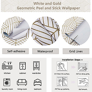 CiCiwind Peel and Stick Wallpaper White and Gold Geometric Wallpaper Removable Self Adhesive Wall Paper Gold Striped Hexagon Vinyl Contact Paper for Cabinets Shelf Drawer Waterproof 15.7"x78.7"Upgrade