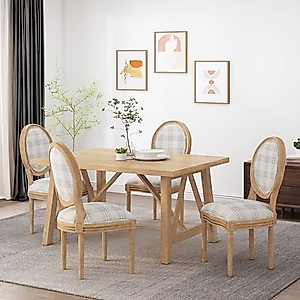 Christopher Knight Home Phinnaeus Dining Chair Set, Set of 4, Wood, Gray Plaid + Light Beige + Natural