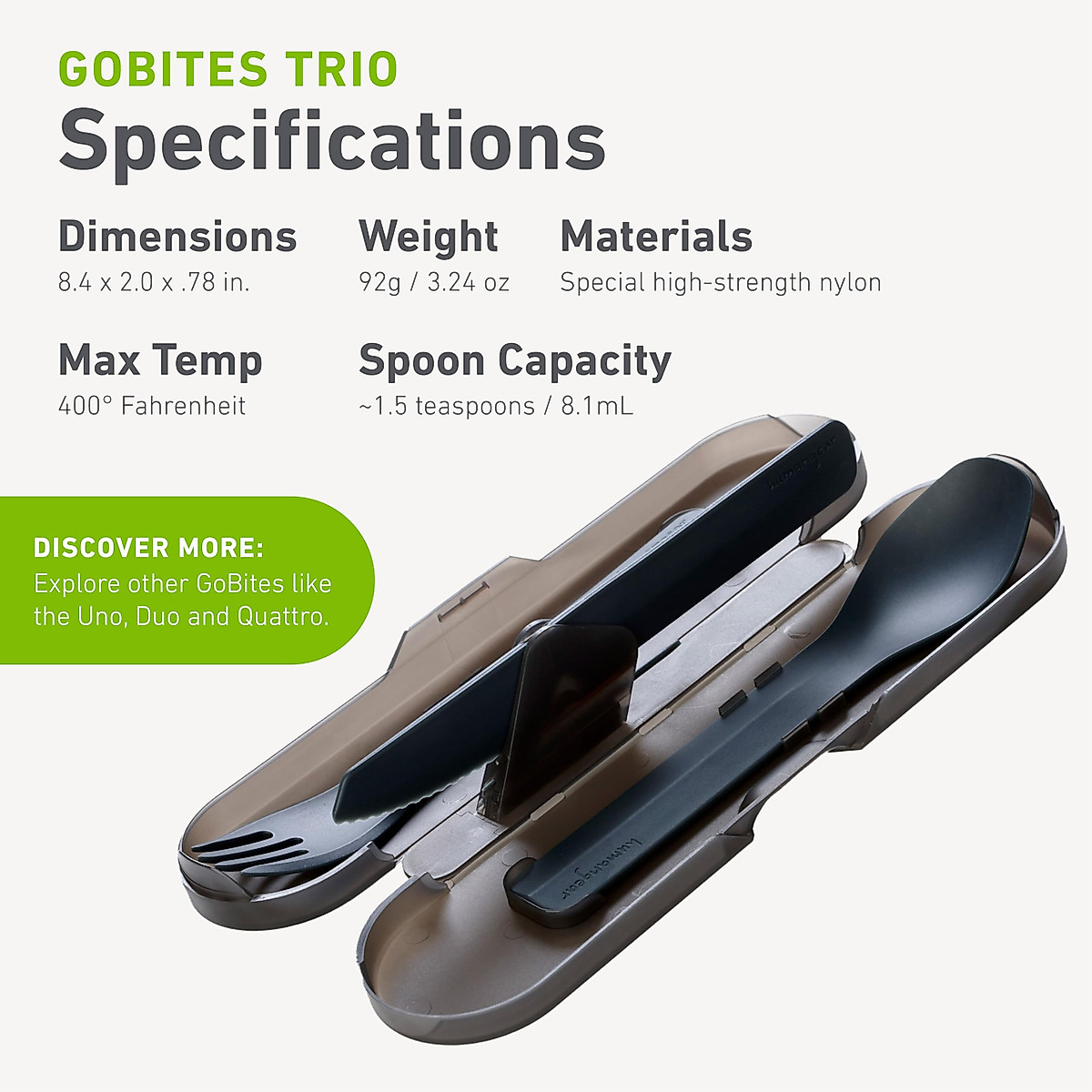 humangear GoBites Trio | Travel & Camping Utensils | Portable & Convertible Dining Ware | Multi-Functional Spork & Knife, Gray