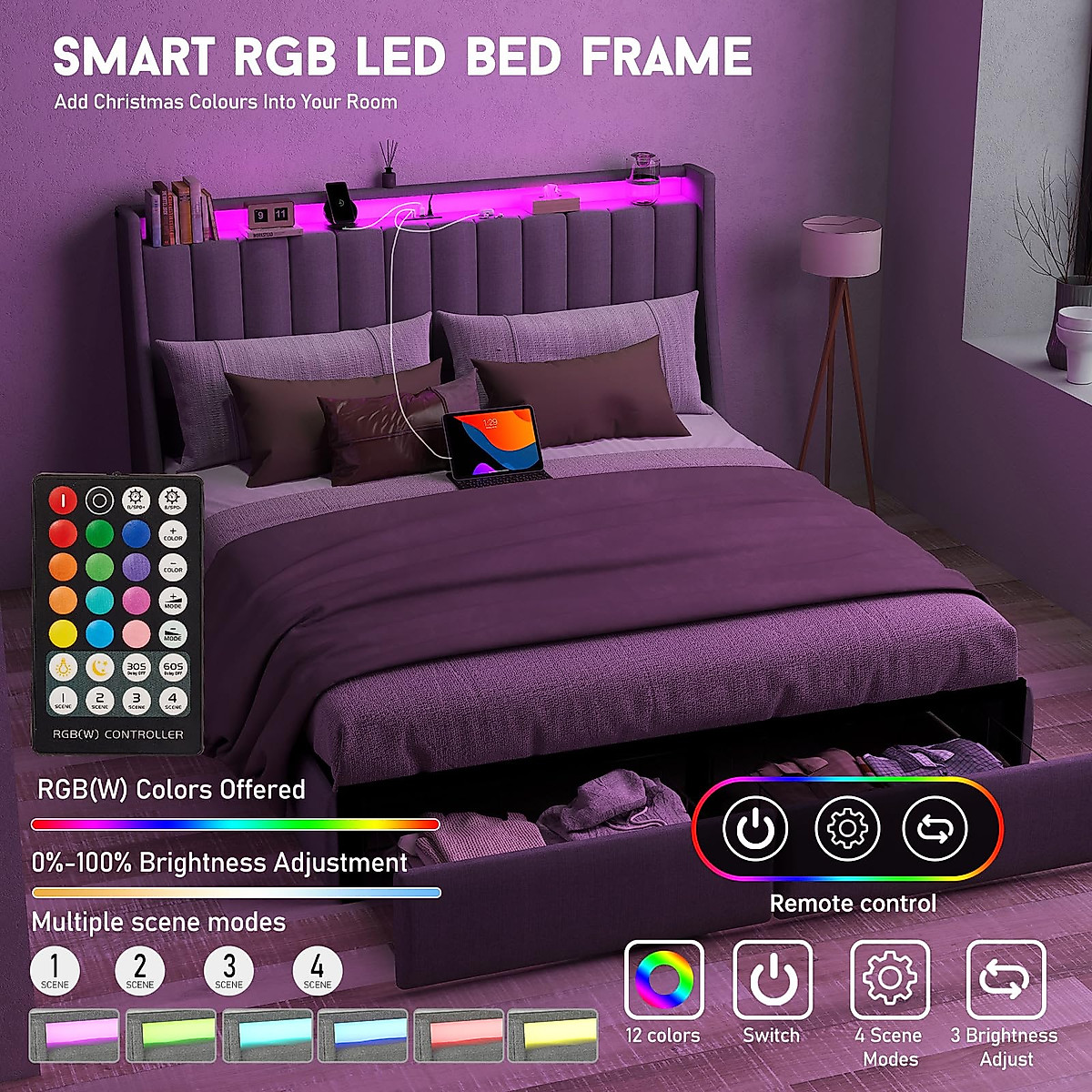 Anyhave Queen Bed Frame with 2 Storage Drawers and Luxury Wingback Upholstered Button Tufted Storage Headboard,Charging Station,Storage Headboard & LED Lights,Remote Control/Noise-Free-Dark Gray