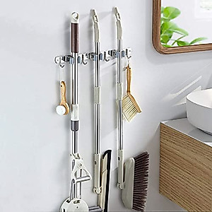 YouOKLight mop broom holder,broom hanger wall mount, 304 Non-Slip Stainless Steel Rack for Tools Hanger,Metal Broom Closet Organizer for Home,Garage, even Outdoor (3 Racks with 4 Hooks)