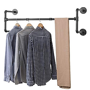MyGift Wall Mounted Industrial Black Metal Clothes Rod Rack Hanging Garment Bar with Realistic Pipe Bar for Closet Storage and Retail Display