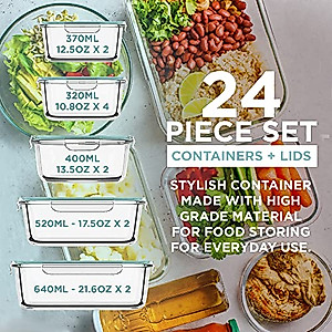 Razab 24 Pc Glass Food Storage Containers Airtight Lids Microwave/Oven/Freezer & Dishwasher Safe - Steam Release Valve BPA/ PVC-Free -Small & Large Reusable Round, Square & Rectangle Bento Containers