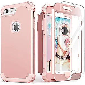 IDweel iPhone 6S Plus Case with Tempered Glass Screen Protector, iPhone 6 Plus Case, 3 in 1 Shockproof Slim Hybrid Heavy Duty Hard PC Cover Soft Silicone Rugged Bumper Full Body Case,(Rose Gold)