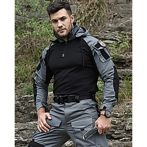 HAN·WILD Men's Tactical Suit Combat Pants and Shirts with Hood Military Uniform Airsoft Clothing with Knee Pads（GRAY）