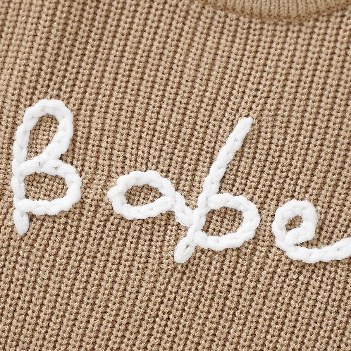 Baby Girl Cable Knit Sweater Long Sleeve Boho Floral Embroidery Oversized Sweatshirt Warm Fall Winter Clothes (Khaki-Babe, 6-9 Months)