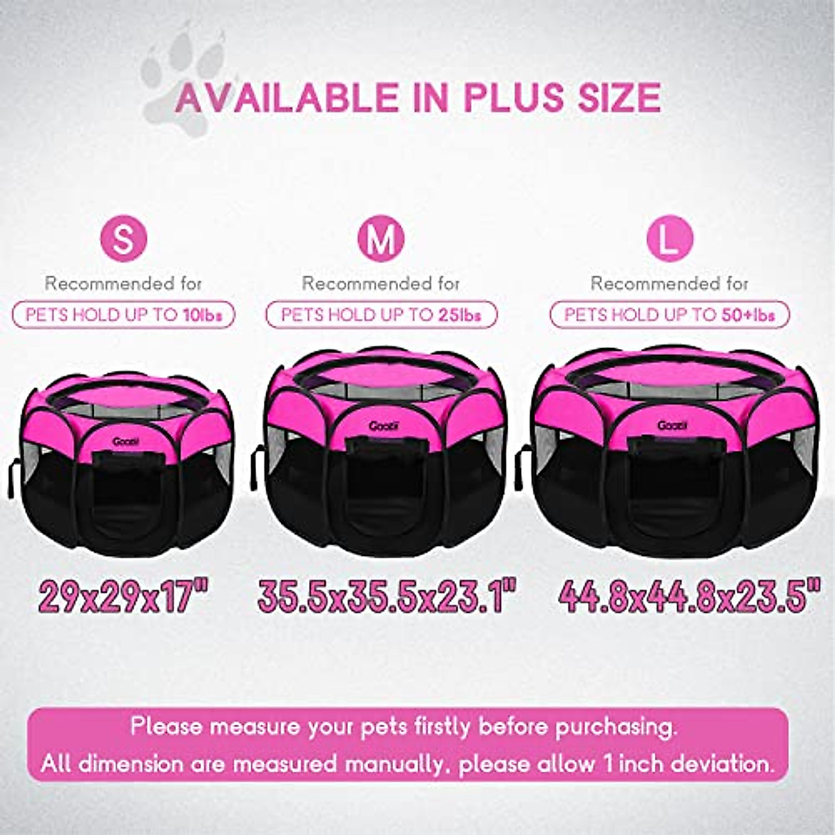 GOOZII Pet Cat Playpen for Indoor Cats Enclosed, Portable Foldable Dog Playpen Outdoor Tent Crate Cage with Zipper Top Cover Door for Kitten Puppy Outside Rv Car Camper (Small Size, Pink)