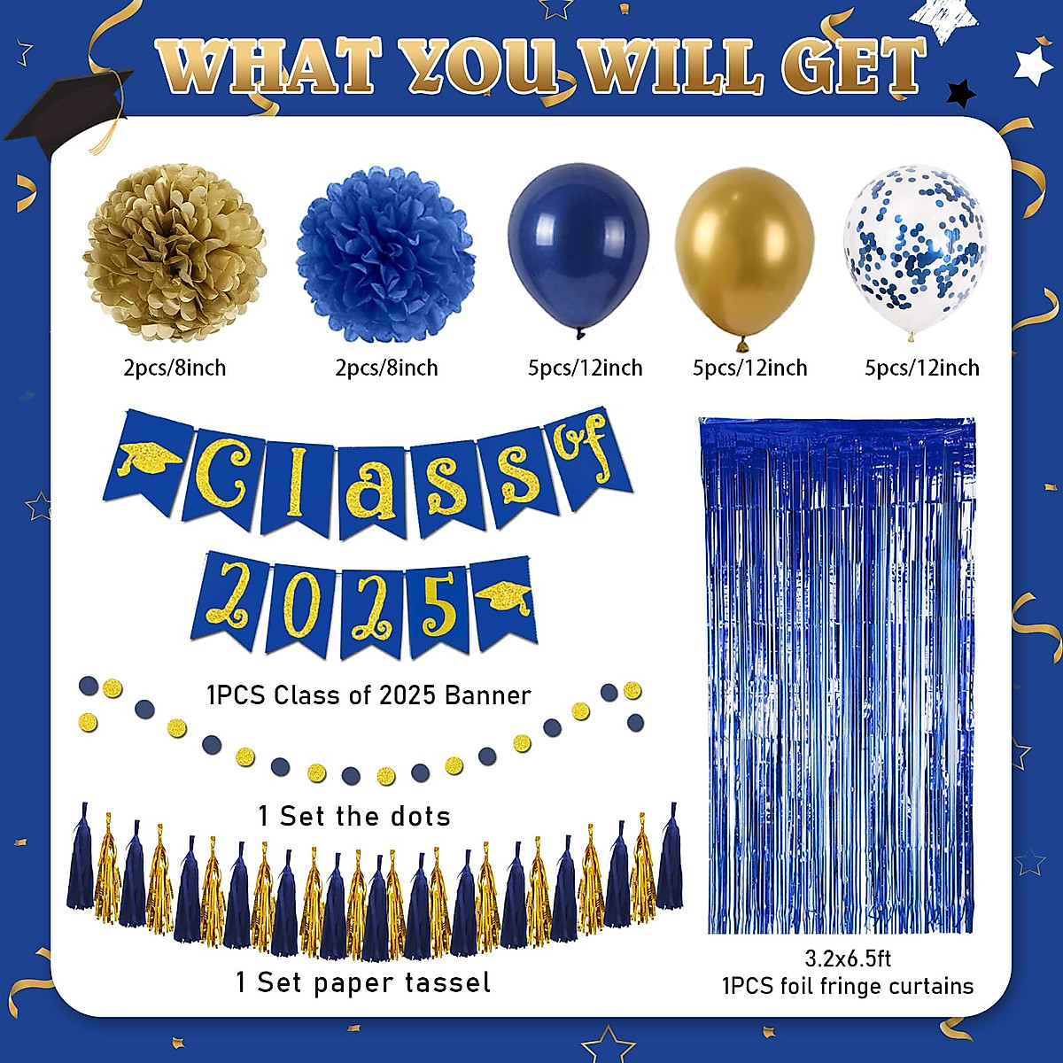 Graduation Party Decorations 2023-Blue and Gold Class of 2023 Banner Paper Pompoms, Congrats Grad Foil Fringe Curtain Backdrop and Senior Graduation Party Balloons Decorations Supplies