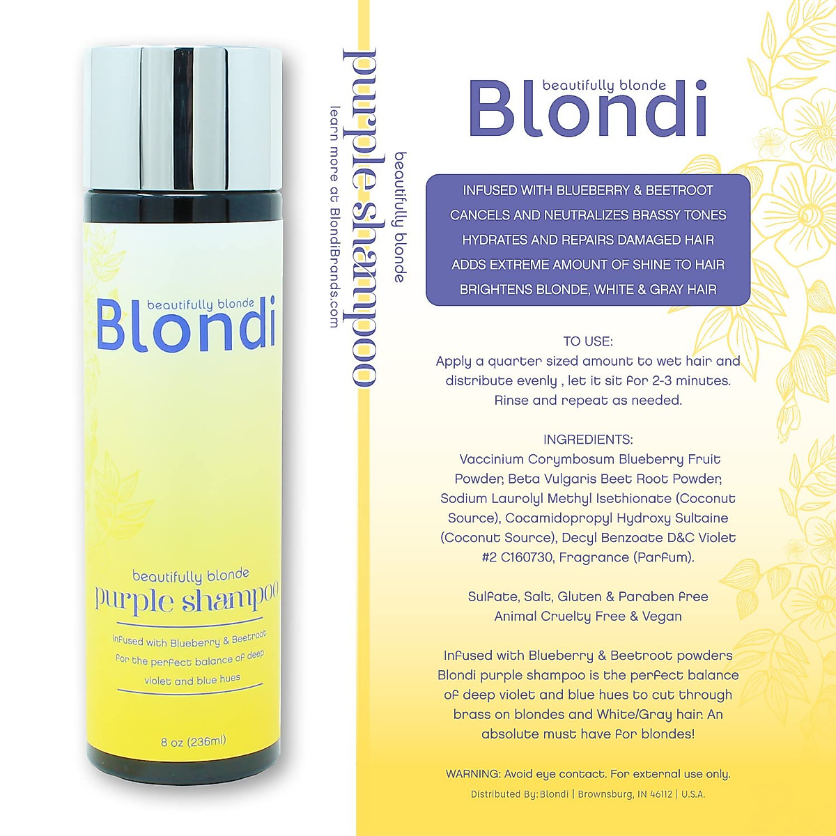 Blondi Beautifully Blonde Purple Shampoo - Vegan - Paraben Free - Sulfate Free - Salt Free - Animal Cruelty Free - Purple Shampoo for Blonde Hair - Toning Blue Shampoo for Blonde and Gray Hair