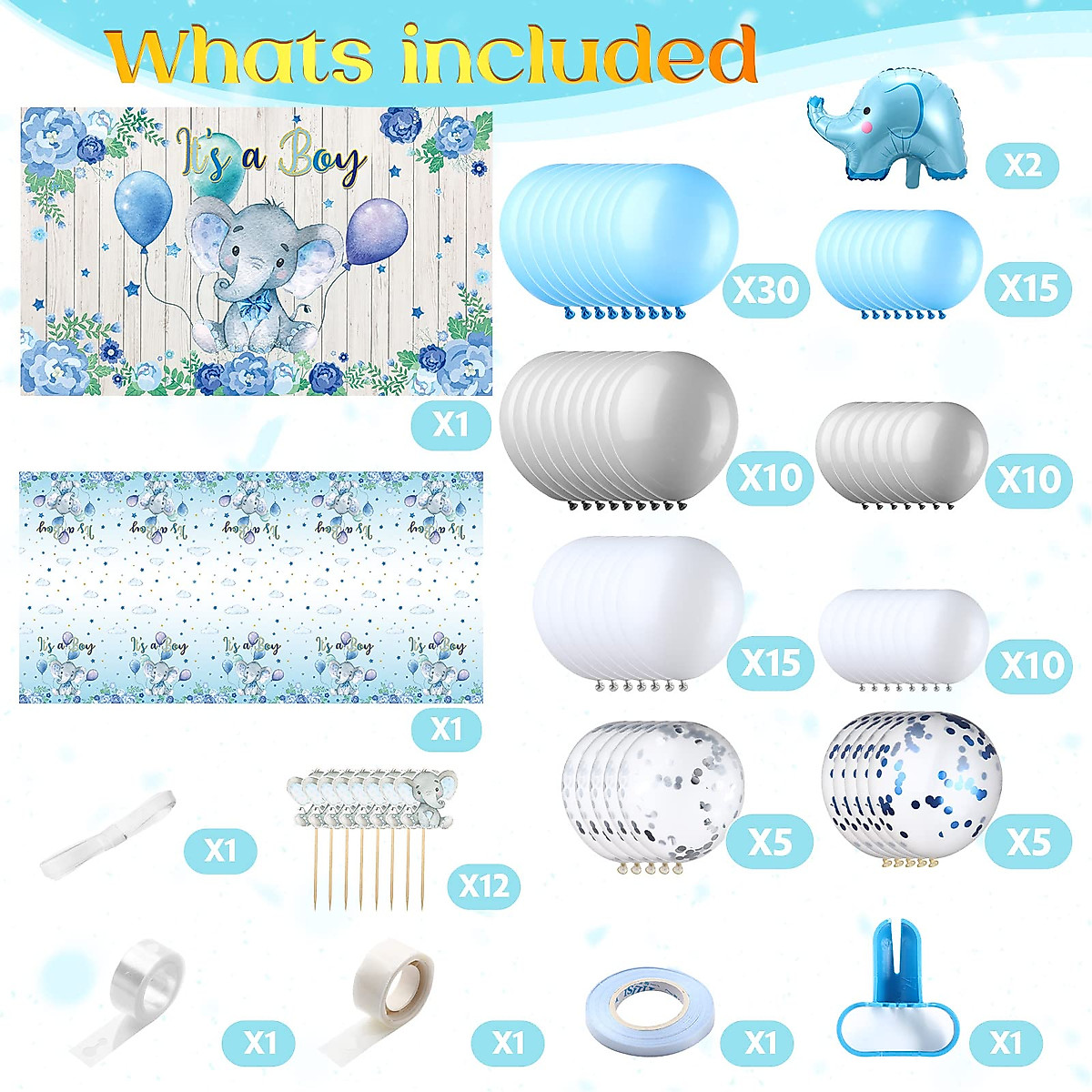 Baby Shower Party Decorations 121 Pieces Elephant Party Supplies Include Backdrop Banner Balloons Tablecloth and Cake Toppers for Baby Shower Gender Reveal Elephant Theme Birthday Party (Boy Style)