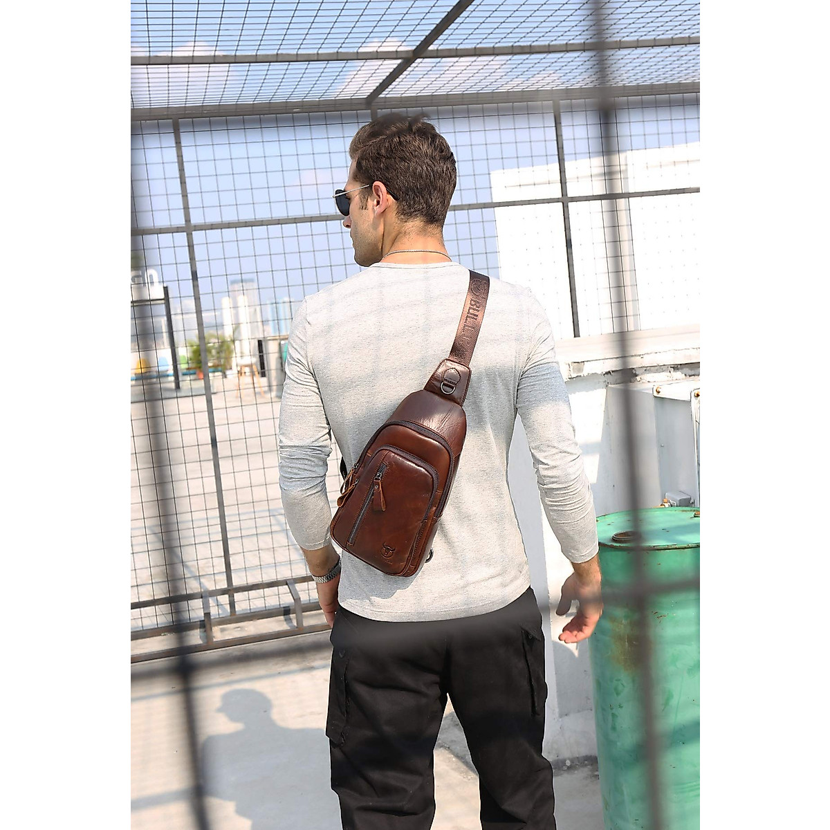 BULLCAPTAIN Mens Sling Bag Genuine Leather Chest Shoulder Backpack Crossbody Outdoor Travel Casual Daypack (brown), Medium