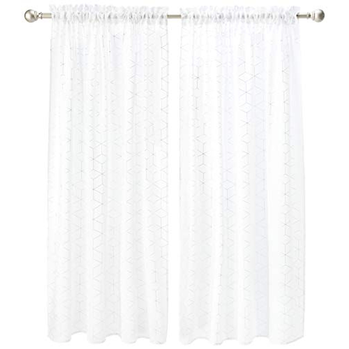 Deconovo Volie White Sheer Curtains Linen Look Diamond Window Panels Set of 2 for Bedroom, 52 x 63 Inch, Silver