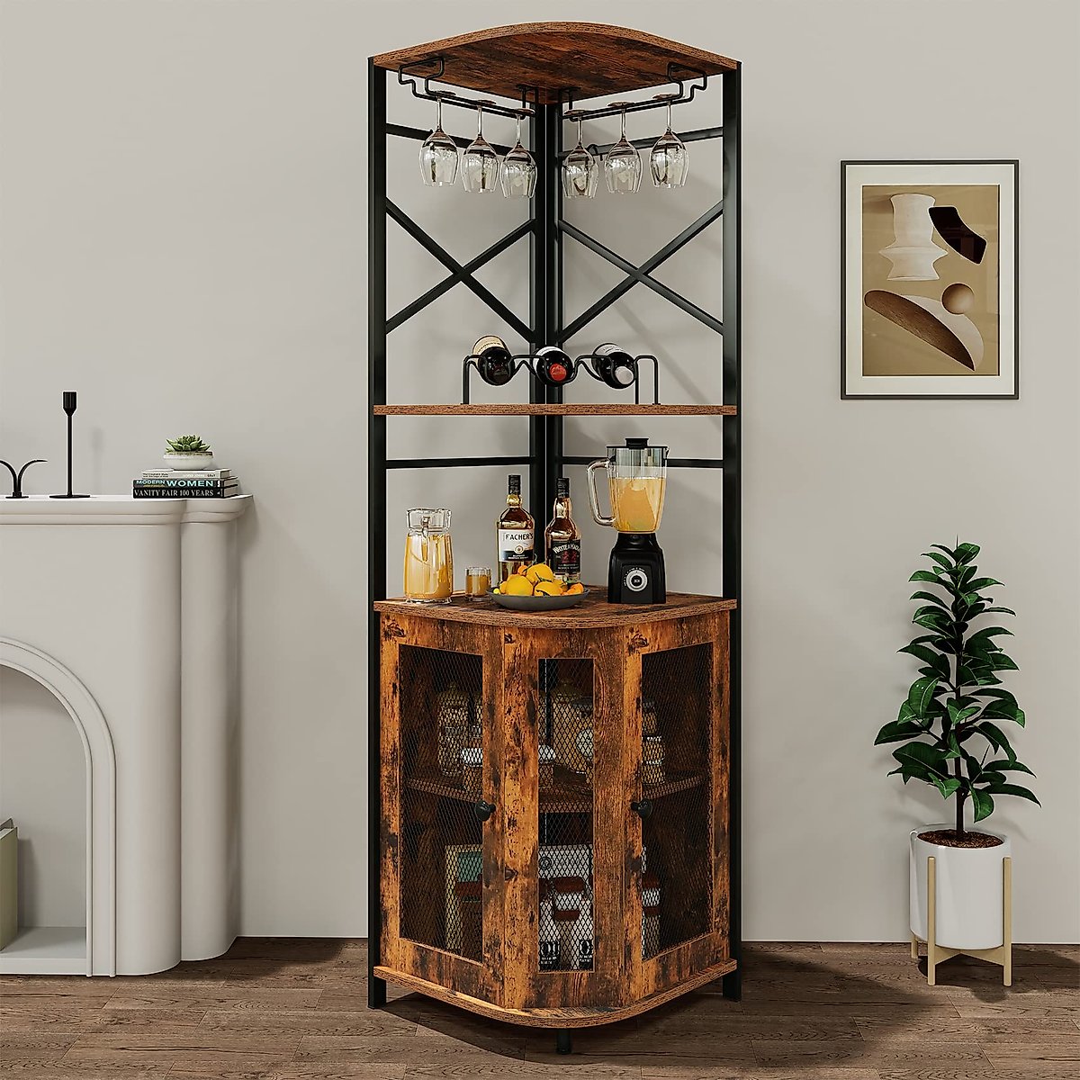 Osfvolr Bar Cabinet w/Wine Rack and Glass Holder, Corner Cabinet with Mesh Door, Corner Bar Cabinet with Adjustable Shelf, Liquor Cabinet Bar for Home, Rustic Brown