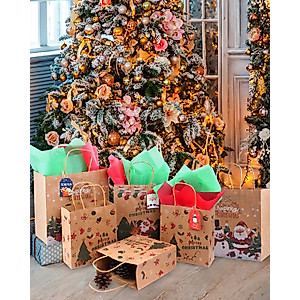 IGbunify 24 Pcs Assorted Sizes Christmas Kraft Gift Bags with Handles，Christmas Goody Bags for Xmas School Gift Wrapping and Party Favors-3 Pattern & 3 Sizes