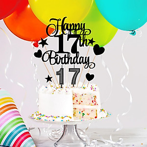 17th Birthday Cake Decorations Set Include 17th Birthday Candles Numeral 17 Cake Candles and Happy 17th Birthday Cake Toppers with Heart Star Cupcake Picks for Birthday Party (Black Series)