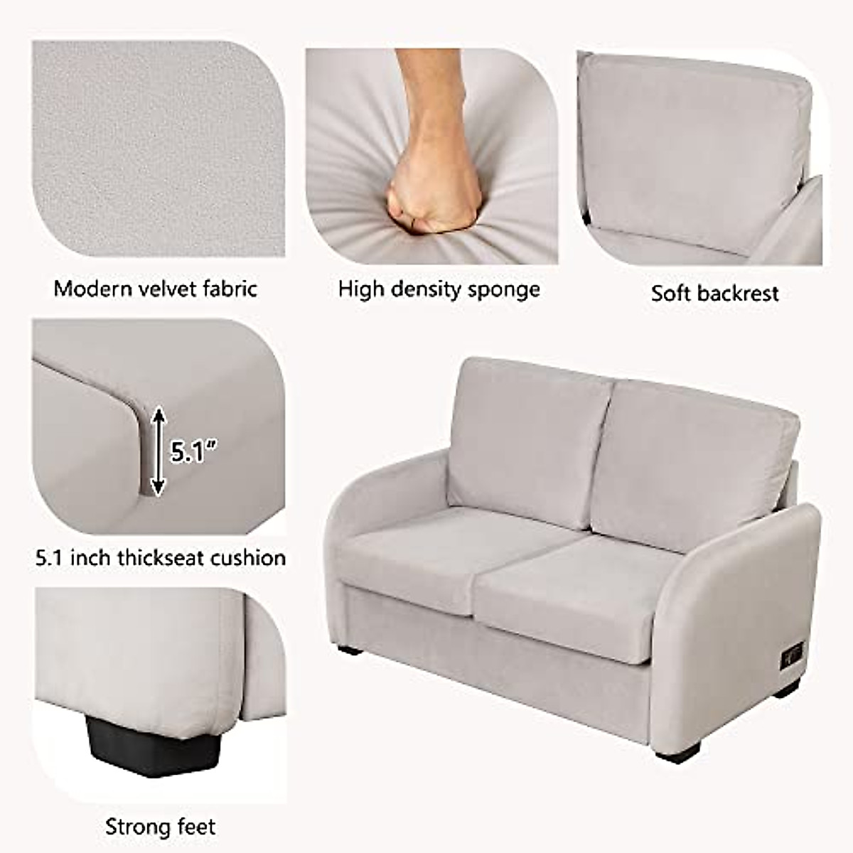Multifunctional Velvet Loveseat Sofa with Pull Out Sleeper Couch Bed ,USB Port ,3-pin Plug & Twin Memory Mattress for Living Room Furniture Sets, Spaces Saving Design for Home, Apartment and Office