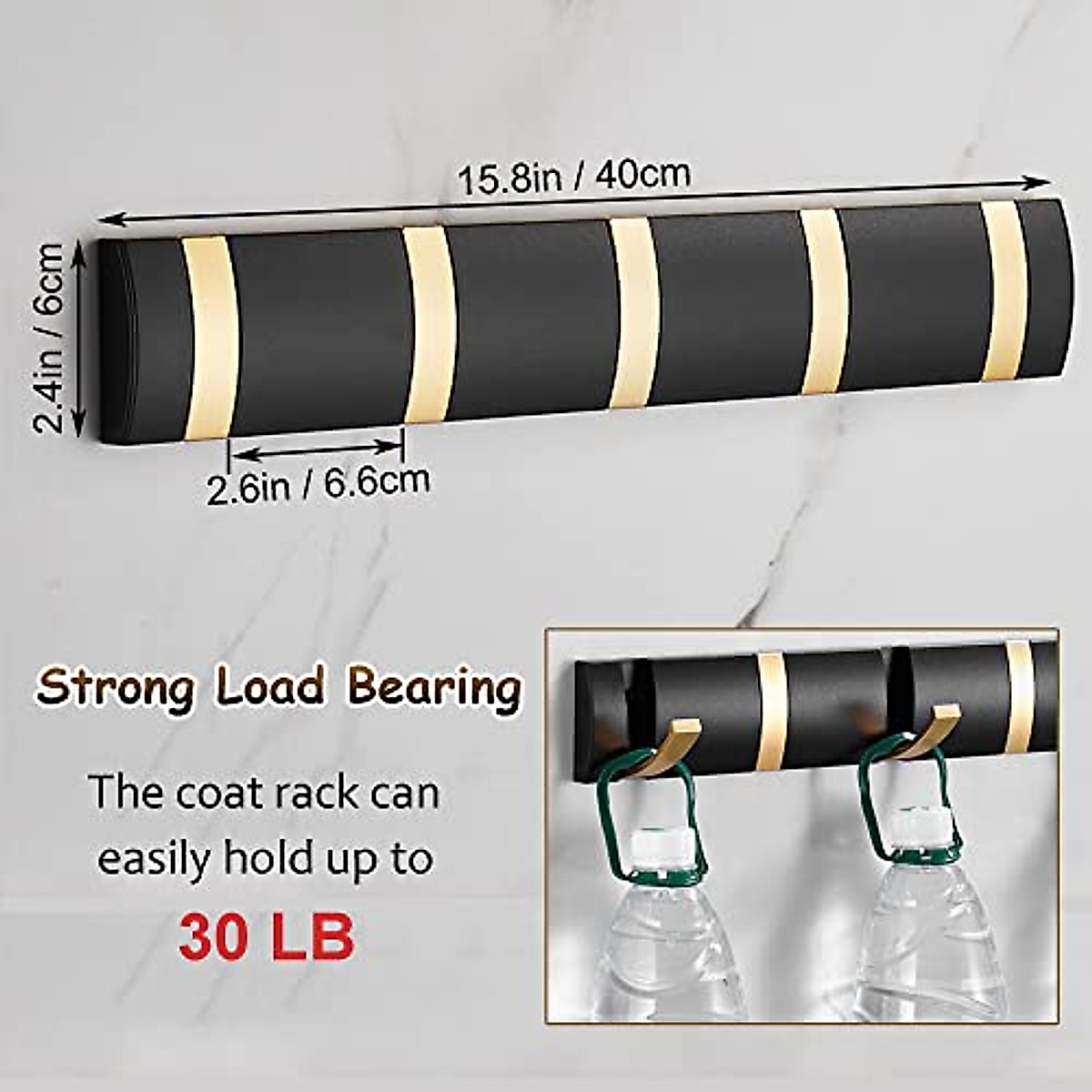 DMYMAT Coat Rack Wall Mounted with 5 Folding Hooks, 15.8 Inch Space Saving Wall Coat Hook, Black Gold Towel Hooks for Bathroom, Bedroom, Entryway, Hats, Scarves, Umbrella and Keys