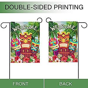 Hzppyz Welcome Summer Tiki Aloha Hibiscus Frangipani Flower Garden Flag, Tropical Hawaii Luau Coconut Tree Floral Decorative House Yard Outdoor Small Decor, Spring Home Outside Decoration 12x18
