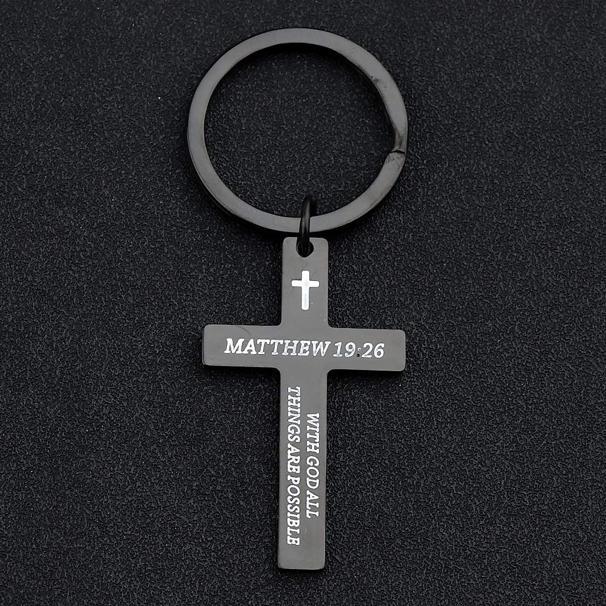 KUIYAI Matthew 19:26 with God All Things are Possible Cross Religious Keychain Christian Gift Bible Verse Inspirational Keyring (Black keychain)