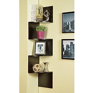 Kings Brand Espresso Finish Corner Zig Zag Hanging Wall Shelf