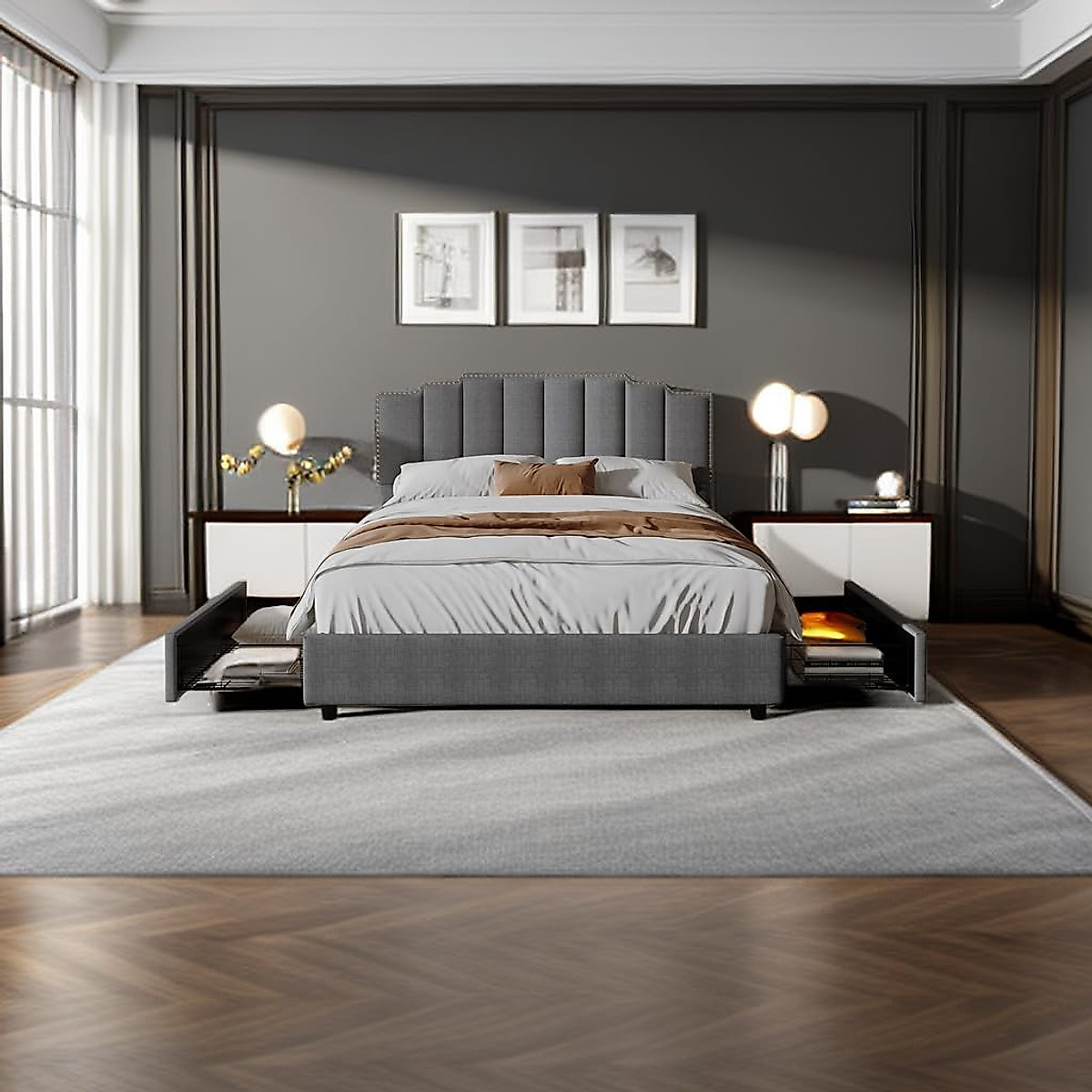 MegaChunk Queen Size Upholstered Linen Platform Bed Frame with 2 Under-Bed Drawers, Padded Headboard with Rivets Design, Strong Bed Slats System, No Box Spring Needed, Grey