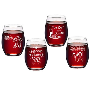 Set of 4 Christmas Puns Stemless Wine Glasses Set, Christmas Themed Gift Idea for Women Men Friend Party White Elephant Gift Exchange Dirty Santa, 15Oz Funny Wine Gift
