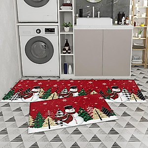 Miaklek Christmas Kitchen Rugs Set of 2 Anti Fatigue Mats for Kitchen Floor Cushioned Kitchen Rugs and Mats Non Slip Kitchen Runner Comfort Standing Mat, Cute Snowman Xmas Tree Winter Snowflake Red