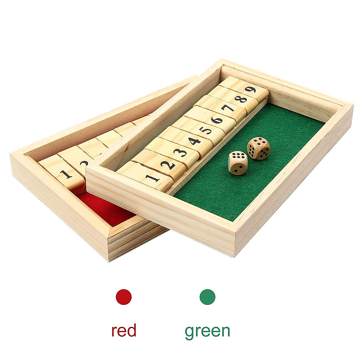bouti1583 Shut The Box Game, Double-Sided Classic 9 Number Wooden Set with Dice Green- Adults and Children