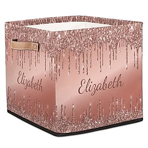RIRIX Personalized Storage Bin, Custom Storage Baskets for Organizing with Handles, Foldable Storage Box for Closet Cloth Baskes Toy Rose Gold Dripping Glitter