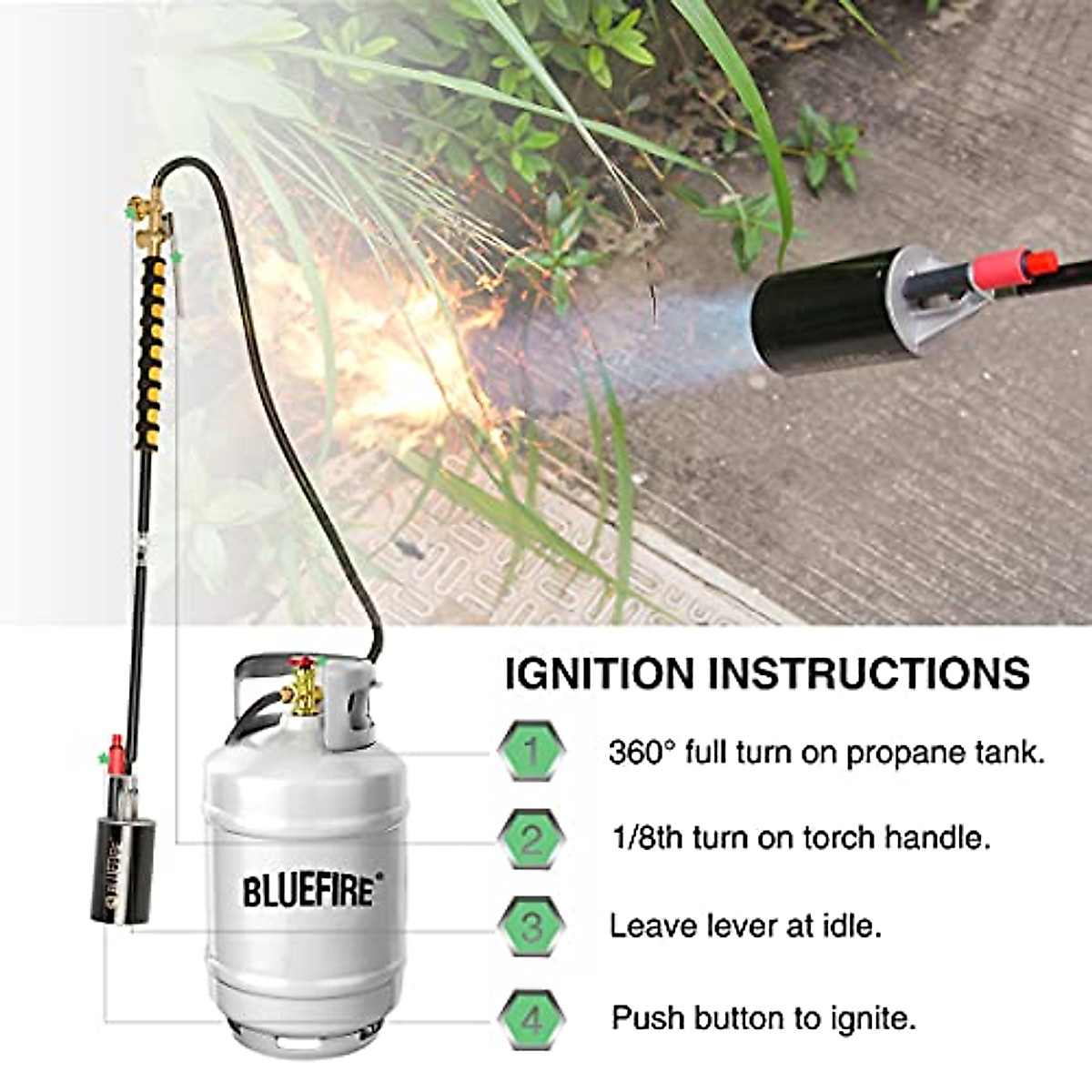 BLUEFIRE 150,000 BTU High Output Propane Torch Weed Burner with 10ft Hose Trigger Start Heavy-Duty Turbo Jumbo Flame Garden Blowtorch Weeds Burn Ice Snow Melt Roof Asphalt Road Repair Campfire Starter