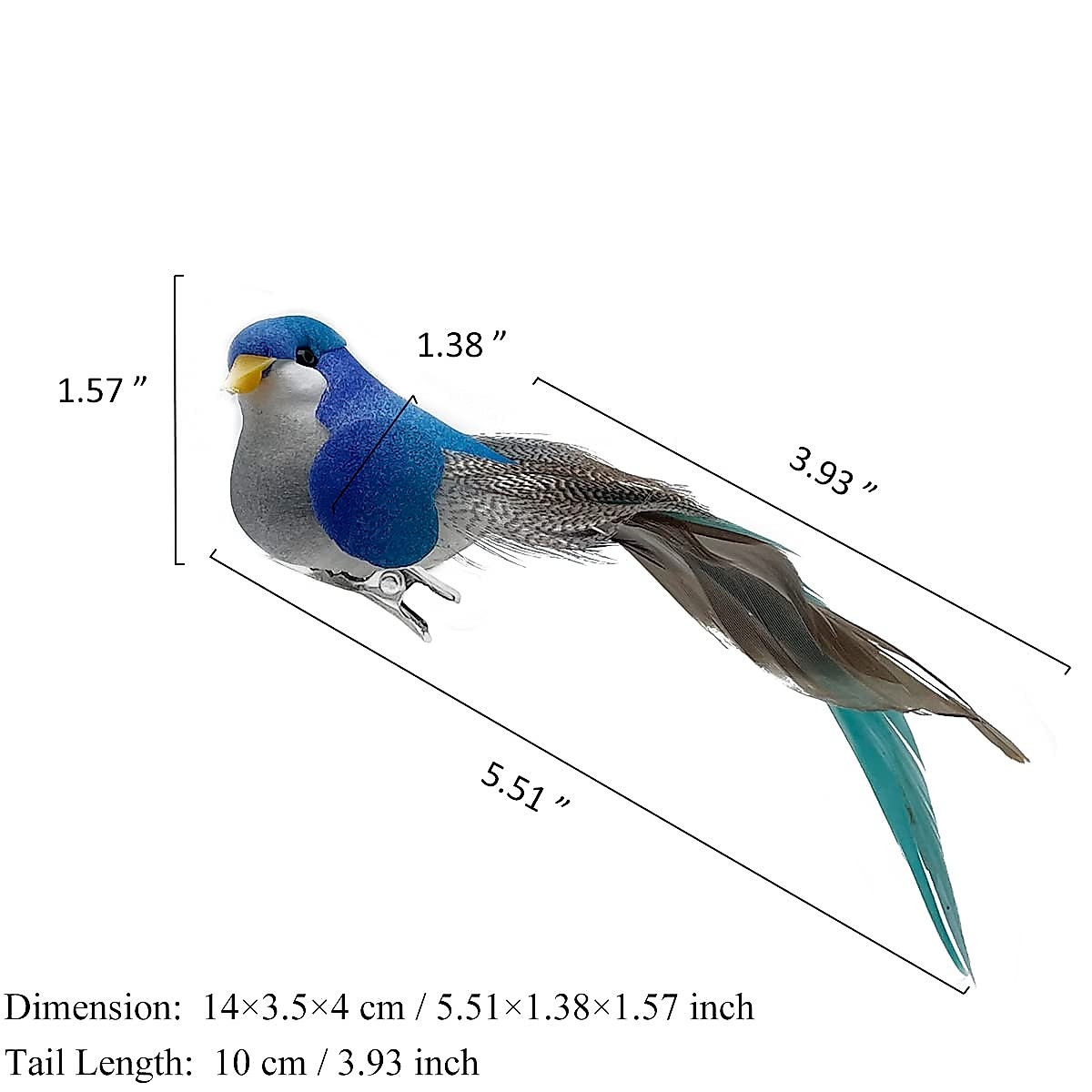 LWINGFLYER 12pcs Clip on Artificial Simulation Foam Birds Feather Long Tail Feather Fake Birds for Craft Home Ornaments Garden Wedding Decoration Embellishing 12cm/4.7inch