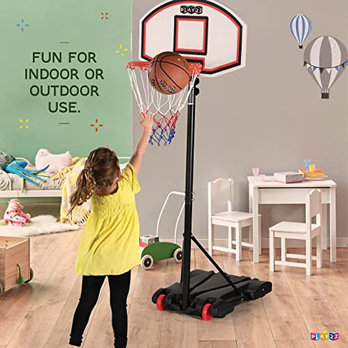 Play22 Kids Adjustable Basketball Hoop Height 5-7 FT - Portable Basketball Hoop for Kids Teenagers Youth and Adults with Stand & Backboard Wheels Fillable Base - Basketball Goals Indoor Outdoor Play