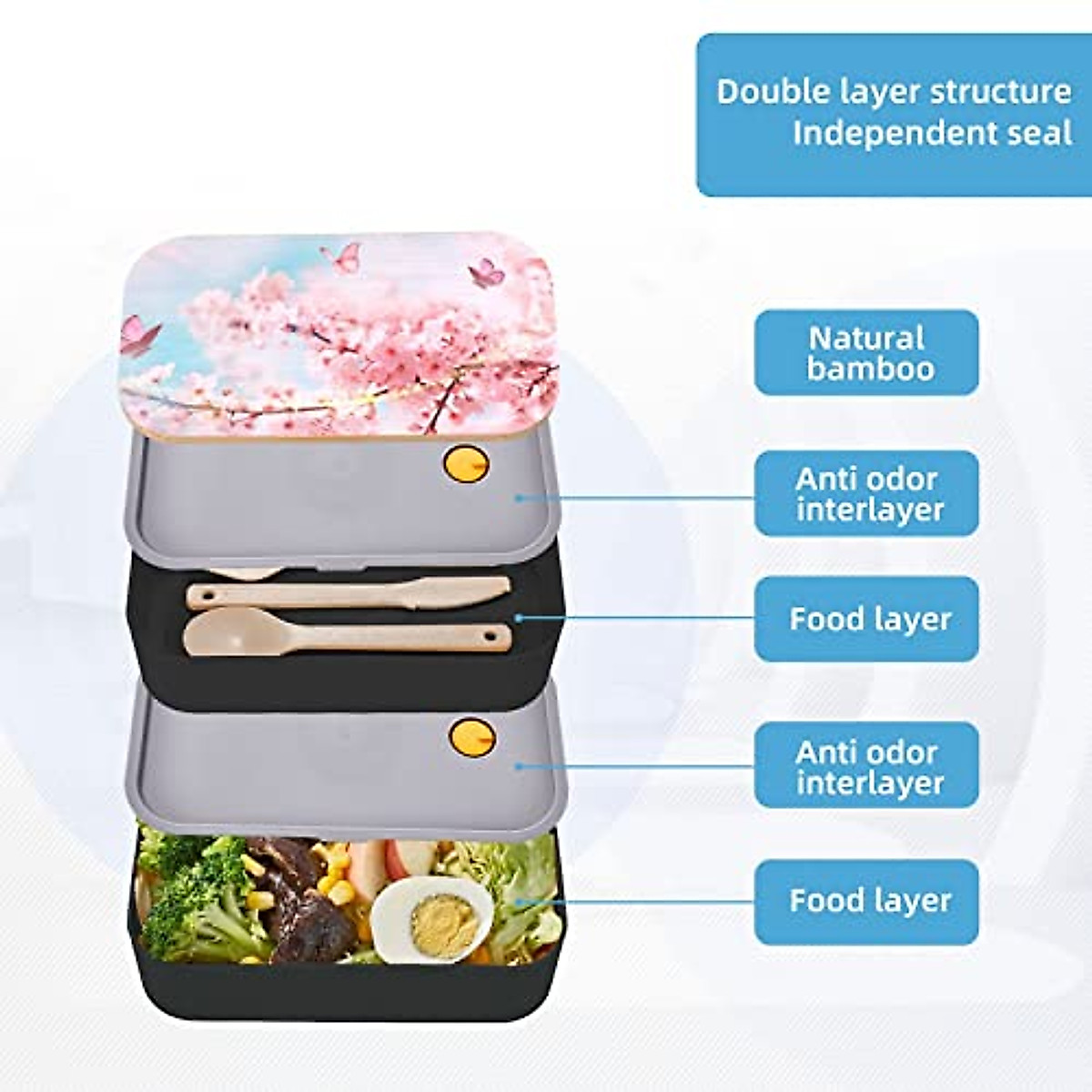 KOOLR Pink Sakura Print Bento Box Adult Lunch Box With 2 Compartments Stackable For Work Picnic Leak Proof Bento Box
