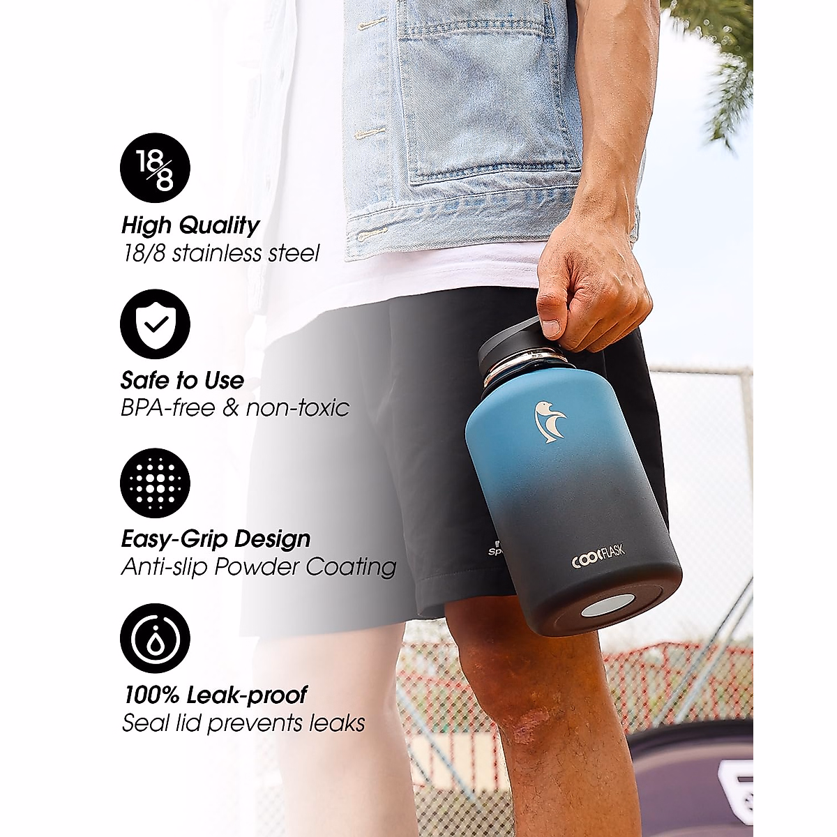 Coolflask 64 oz Water Bottle Insulated with Strap, Half Gallon Water Jug Stainless Steel with Straw & Spout Lids, Metal Large Water Flask, Keep Cold 48h Hot 24h, Leak Proof & Non-BPA, Prussian Blue