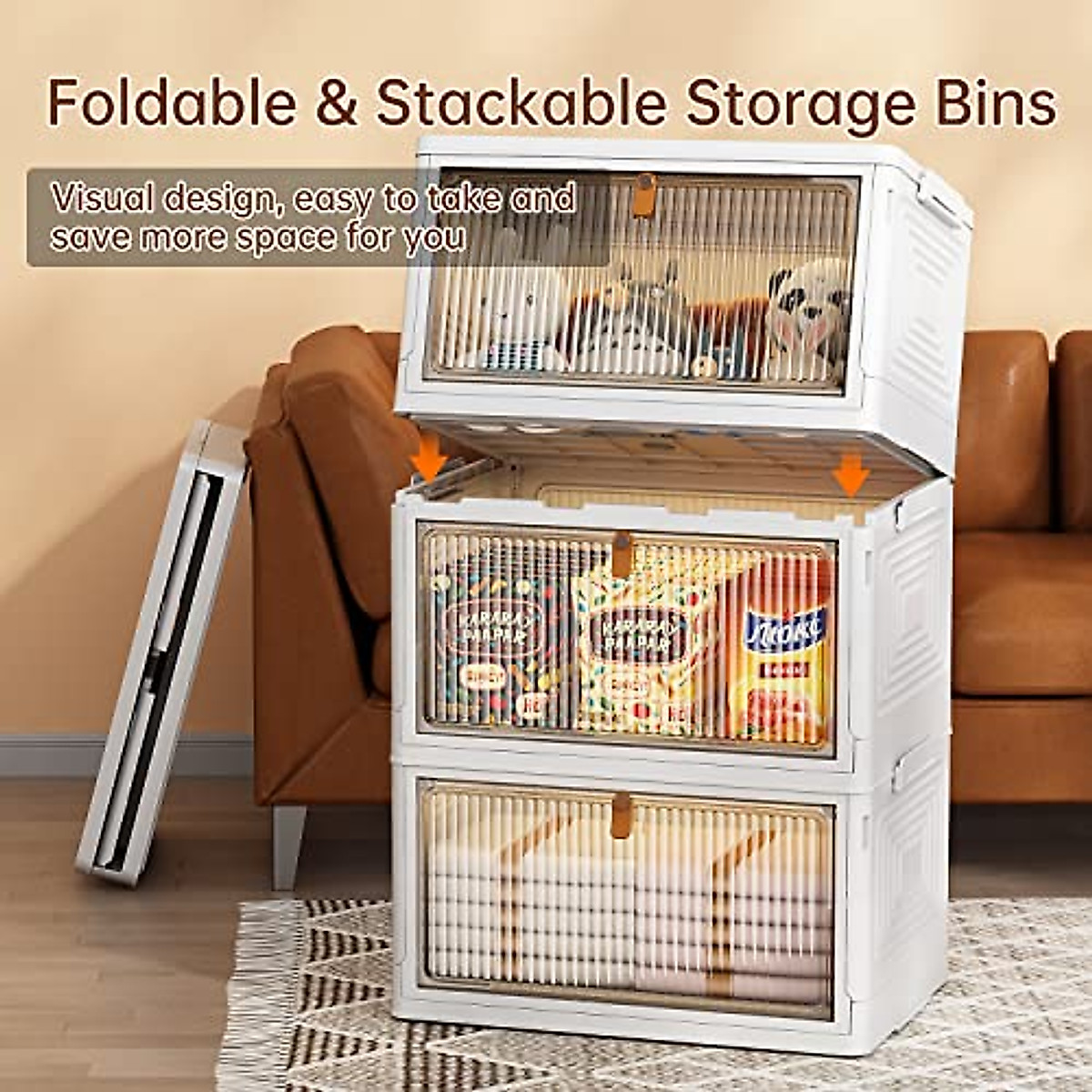 JONYJ Storage Bins with Lids 23Qt, 3 Packs Stackable Storage Bins with Wheels, Magnetic Door, Leather Handle, Plastic Storage Containers for Bedroom, Living Room, Kitchen, Bathroom