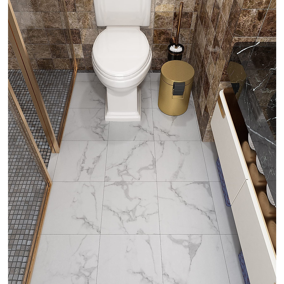 Livelynine Carrara Marble Peel and Stick Floor Tile Bathroom Waterproof Floor Tiles White Marble Vinyl Flooring Sheet Sticky Laminate Flooring Kitchen Renter Friendly Linoleum Stickers 12x12 4-Pack