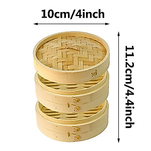 DEAUVIOR Bamboo Steamer Basket Traditional Dumpling Steamer Basket with Lid Durable Dim Sum Steamer for Cooking Vegetables Bao Buns Fish Meat (4"(Two Tier))