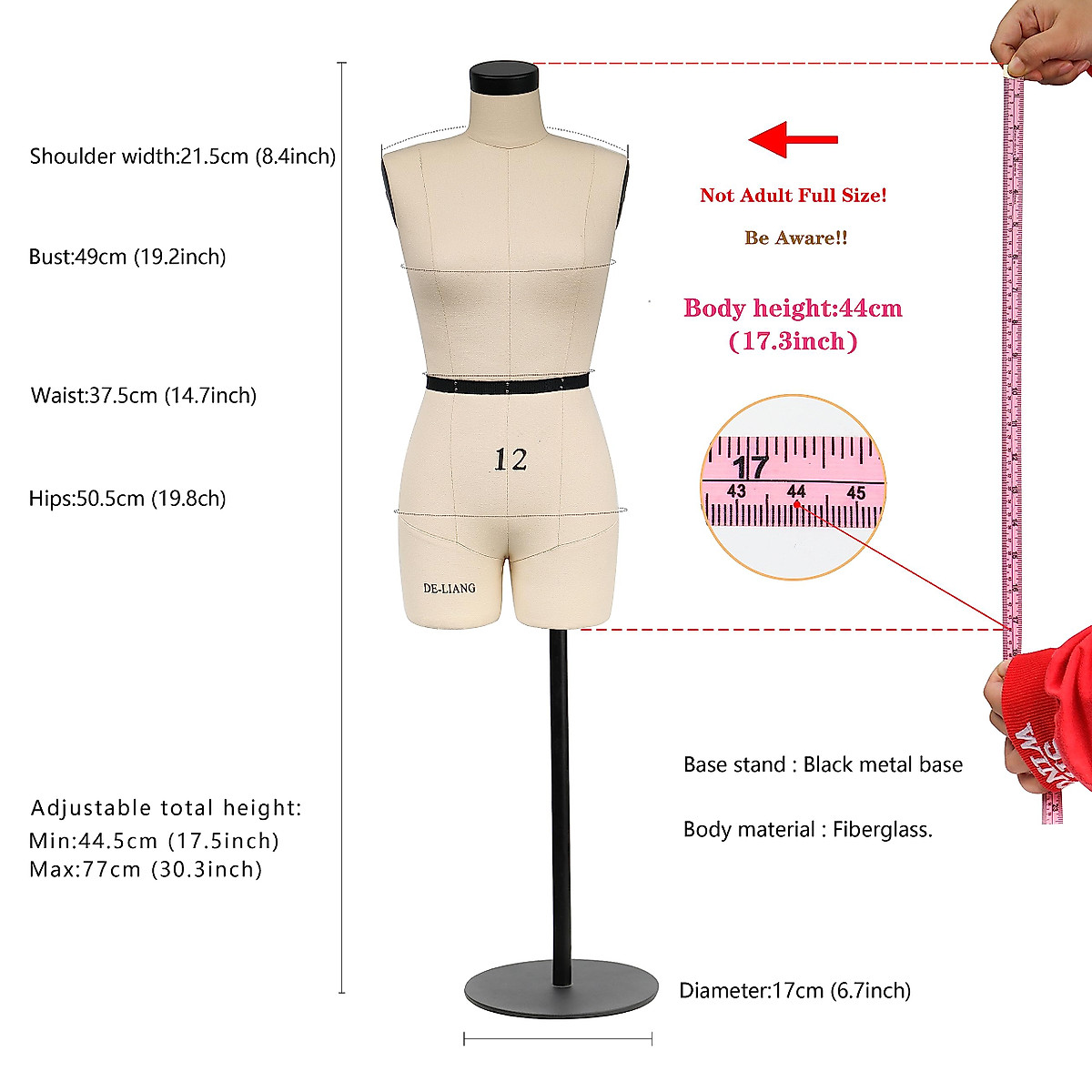 DL262 Half Scale Dress Form Size 12 (Not Adult Full zie) Mini Sewing Tailor Mannequin, Female Dressmaker Dummy, Half Size for Dress Pattern Making, Beige