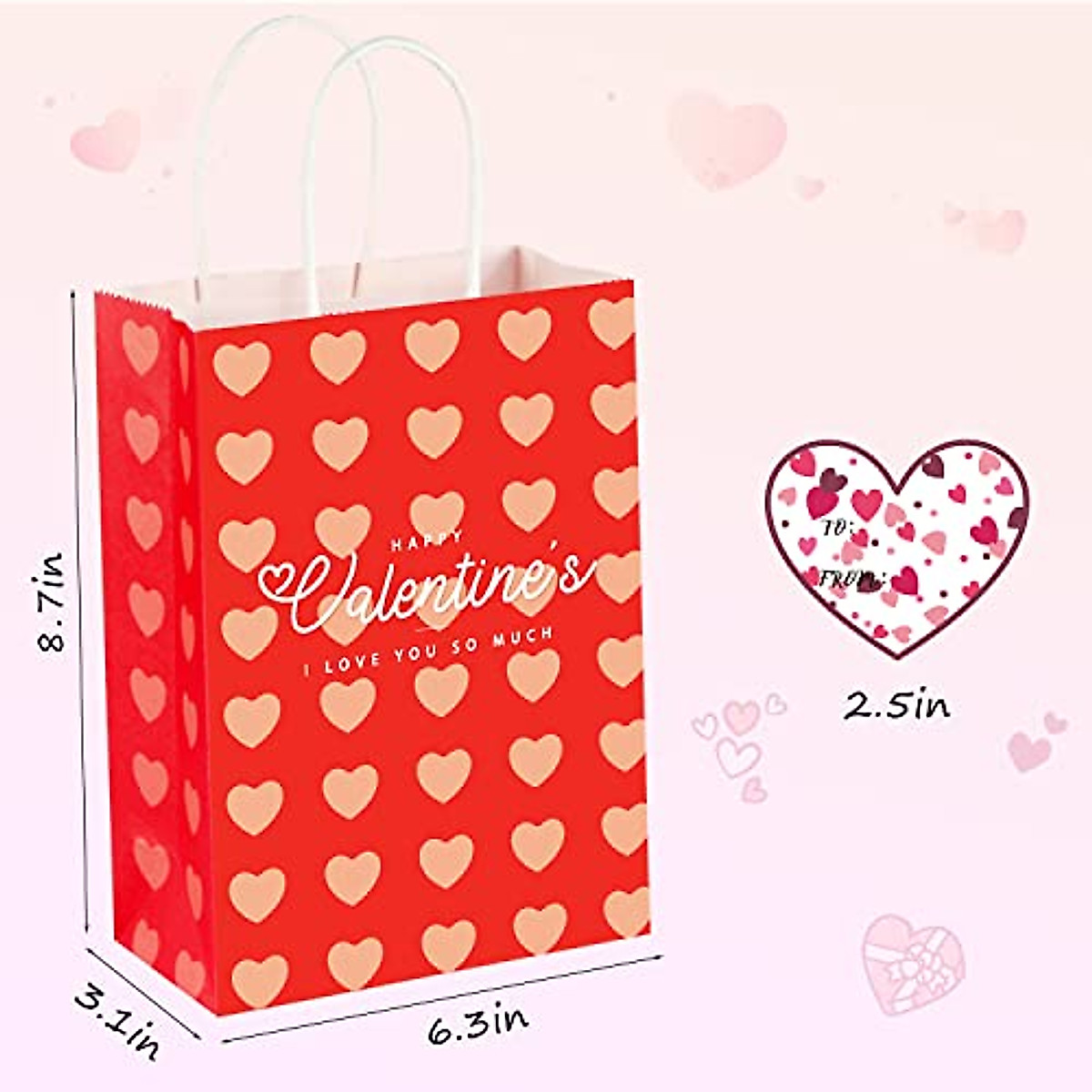 GITMIWS Valentines Day Paper Gift Bags - 28pcs Valentines Bags With Sticks,Sturdy Wrapping Kraft Bags with Handle for Valentines Party Supply, Valentines Gifts Packing