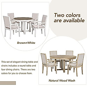 Merax 5-Piece Furniture Set, Round to Oval Extendable Butterfly Leaf Wood Dining Table and 4 Upholstered Chairs with Armrests, 5pcs, Natural