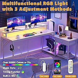 Furologee White L Shaped Desk with LED Lights & Power Outlet, Reversible Corner Computer Desk/91in Long Desk with Fabric Drawer and Shelves, Home Office Gaming Table with Monitor Stand-(55.1+39.4) in