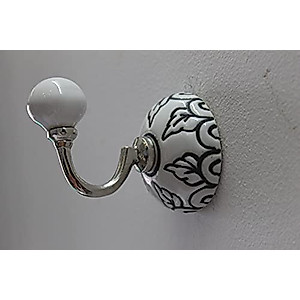 PARIJAT HANDICRAFT Hand Painted Black and White Leaf Beautiful Colored deign Floral Ceramic Wall Hook Hanger Key Holder hat Clothes hangings Bath Towel Hook Hanger