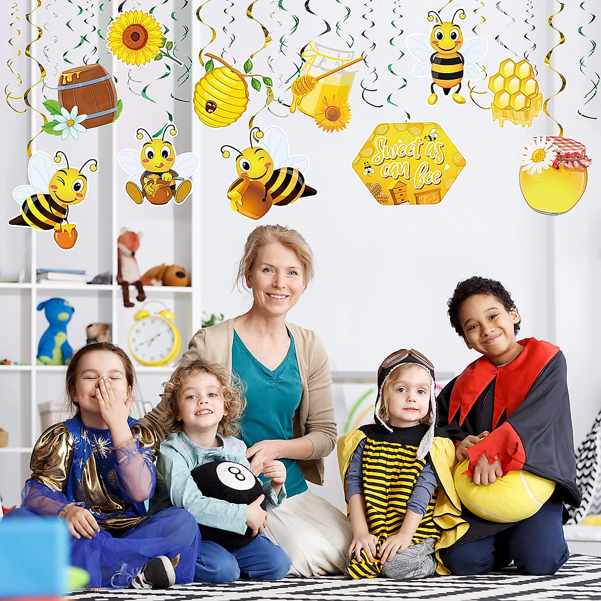 30 Pieces Bee Hanging Swirl Decorations, Bee Party Hanging Swirls Honey Bee Foil Ceiling Streamers Bee Themed Party Supplies for Kids Birthday Baby Shower Bee Day Party Decor